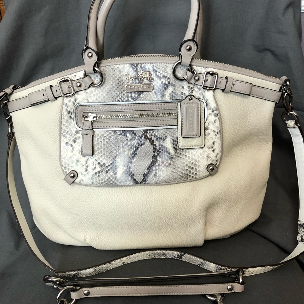 Coach Satchel Faux Snakeskin And Cream Leather - Gem